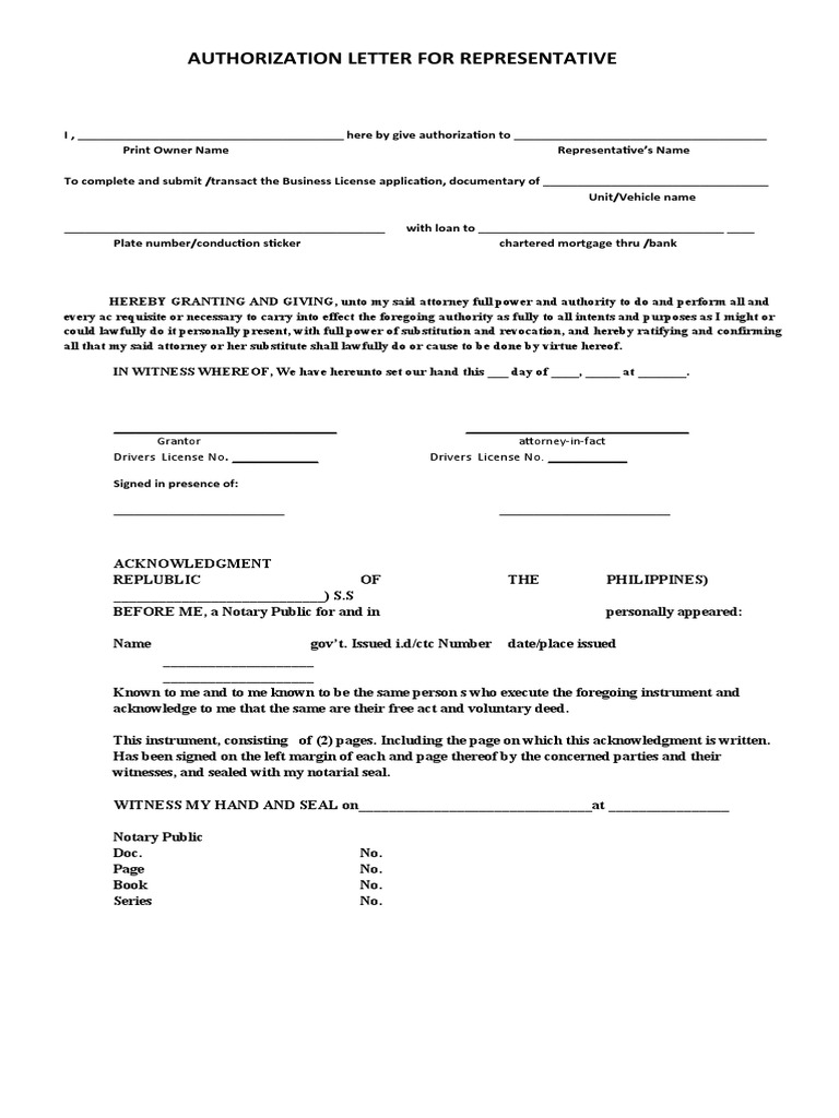 Authorization Letter for Representative | PDF | Power Of Attorney ...