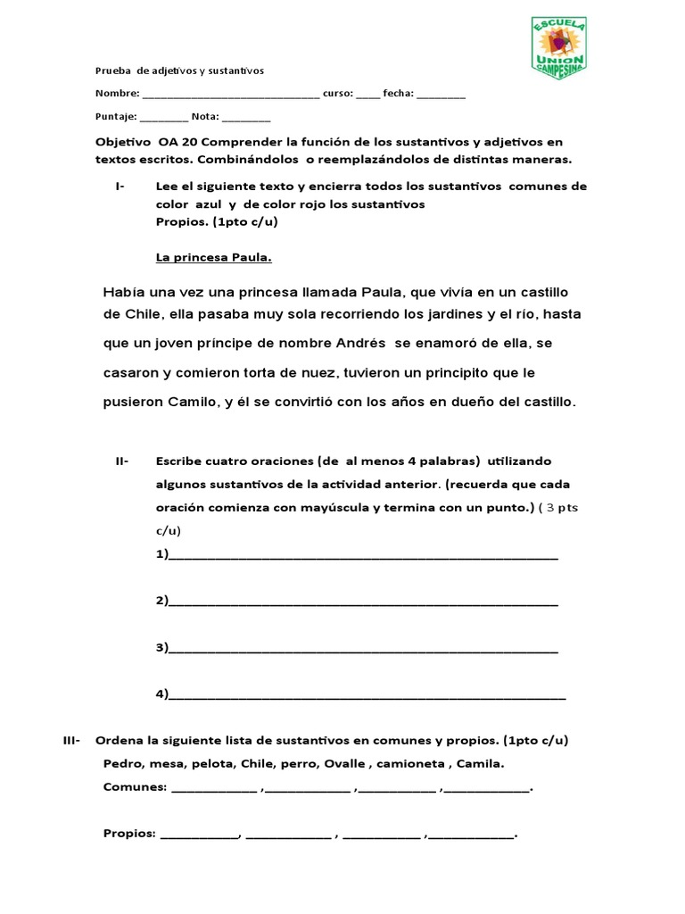 Prueba de Adjetivos y Sustantivos Javier | PDF | Artes del Lenguaje y ...
