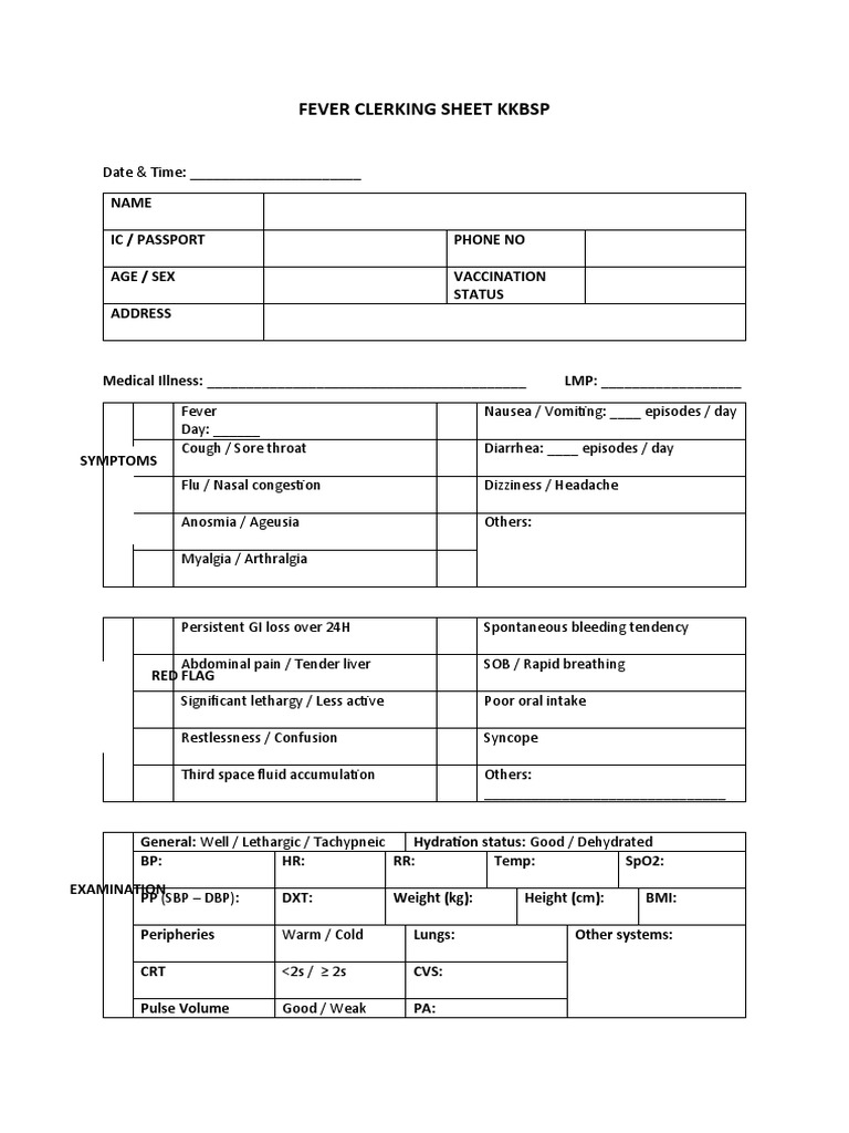Fever Clerking Sheet Template | PDF | Dehydration | Diseases And Disorders