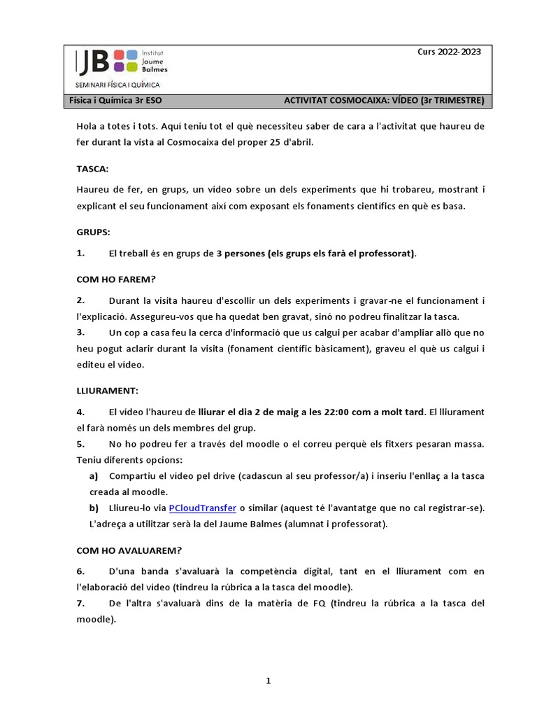 Instruccions Vídeo Cosmocaixa | PDF