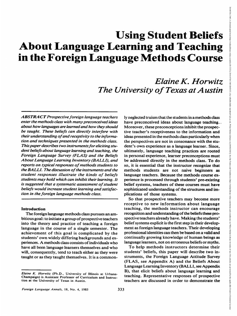 Foreign Language Annals - September 1985 - Horwitz - Using Student Beliefs About Language ...