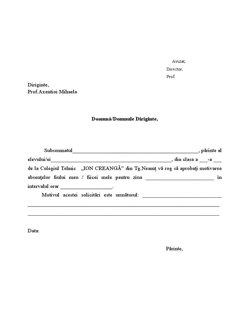 Cerere Motivare Absente General | PDF