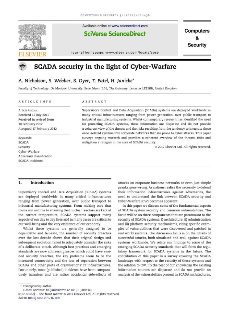 SCADA Security in The Light of Cyber-Warfare | PDF