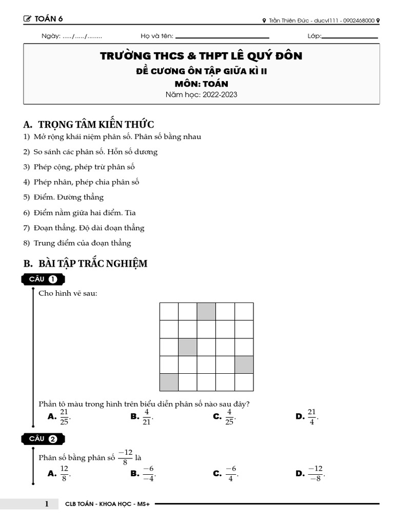 De Cuong Giua Ki 2 Toan 6 Nam 2022 2023 Truong Le Quy Don Ha Noi | PDF