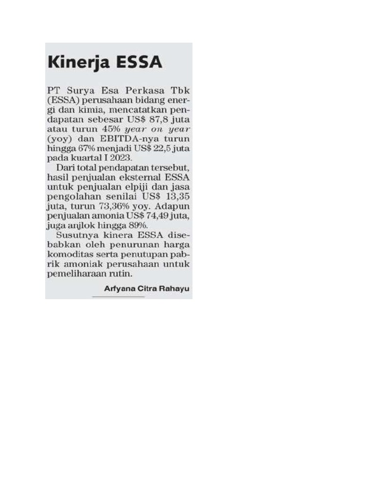 Kinerja ESSA - Harian Kontan - Page 15 - Arfyana Citra Rahayu - 20230503 | PDF