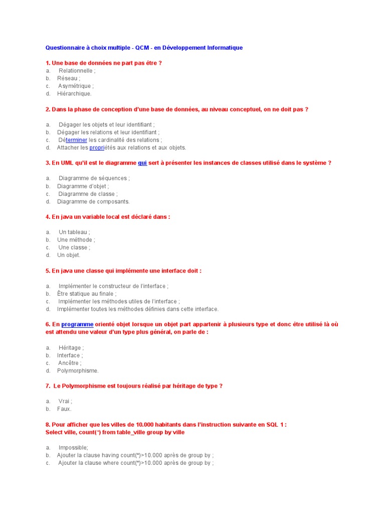 Questionnaire A Choix Multiple QCM en de | PDF | Interface (Informatique) | Langage de programmation