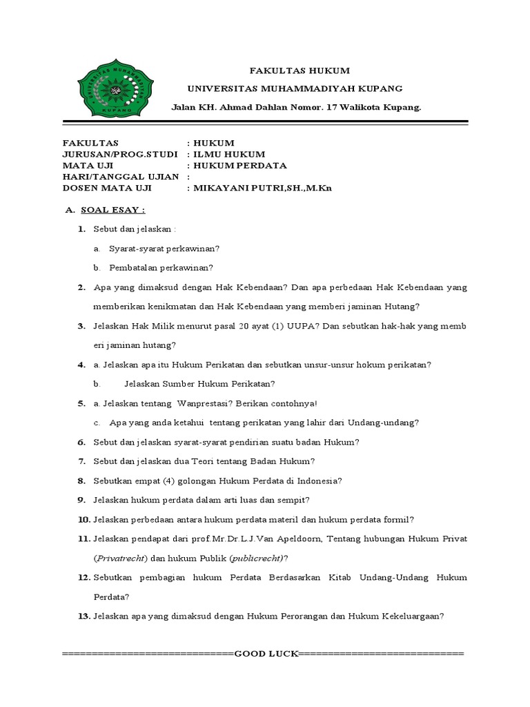 Soal Ujian Hukum Perdata | PDF