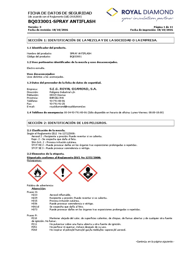 Ficha Seguridad Barniz Spray Anti Flash | PDF | Química | Ciencias fisicas