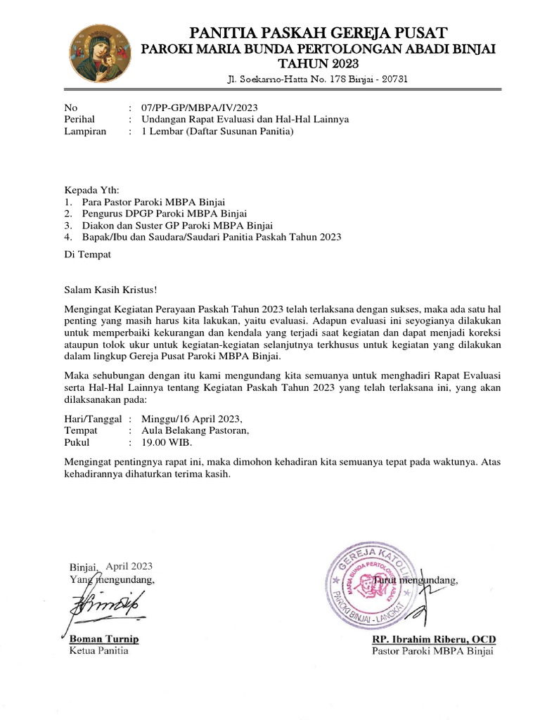 Undangan Rapat Evaluasi Paskah 2023 | PDF