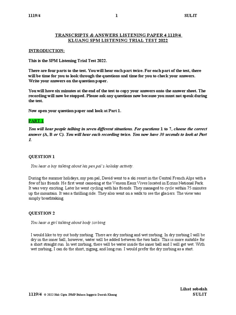 SPM Listening Trial Test 2022 Transcript | PDF | Career & Growth ...