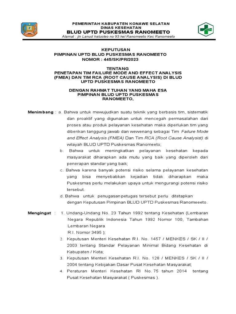 Tim FMEA dan RCA Puskesmas Ranomeeto | PDF