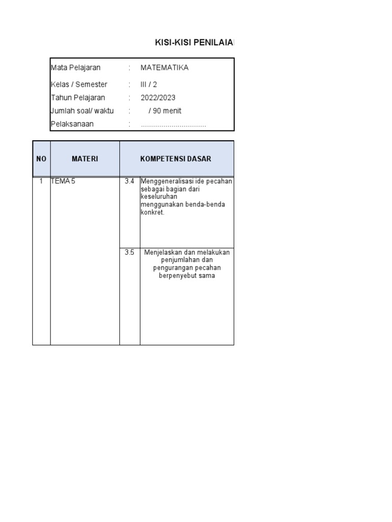 Kisi-Kisi PAT MTK Kls 3 Ok | PDF