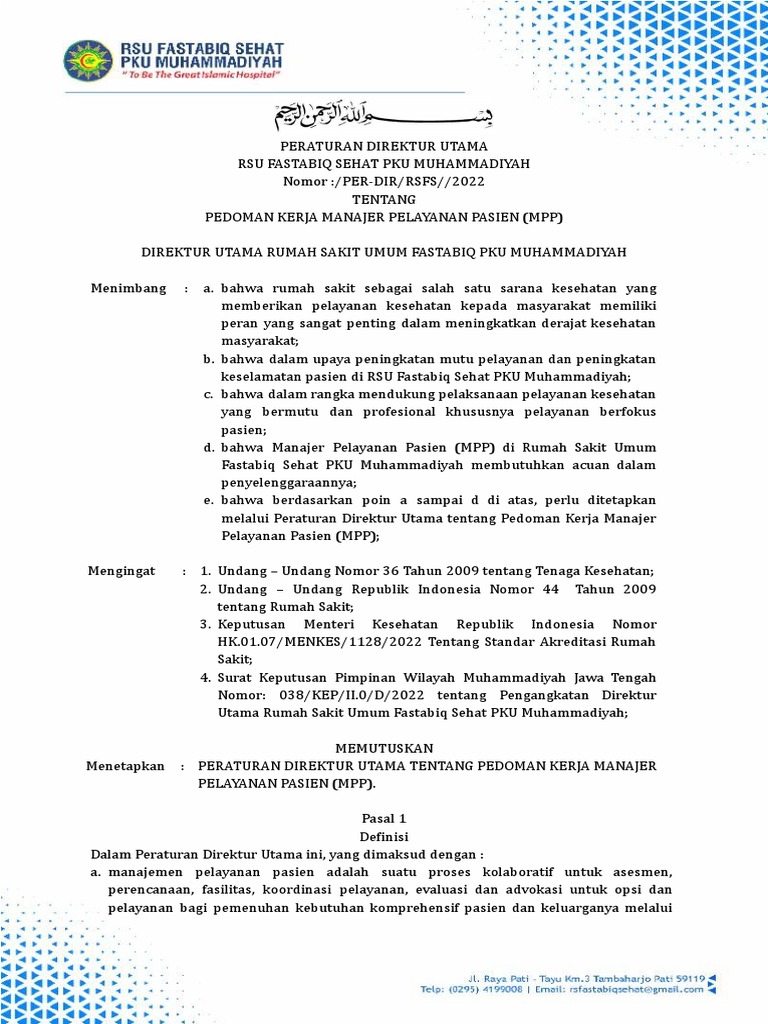 (MPP) Perdir Tentang Pedoman Kerja Manajer Pelayanan Pasien (MPP) | PDF