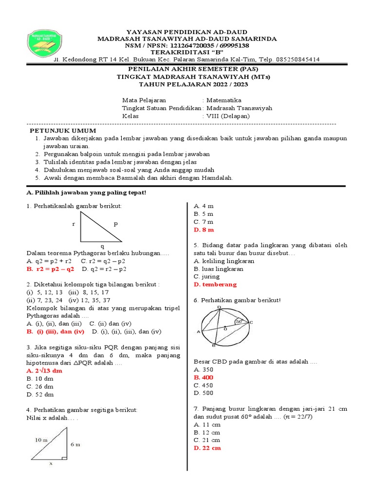 Kunci Jawaban Pas MTK KLS 8 Genap | PDF