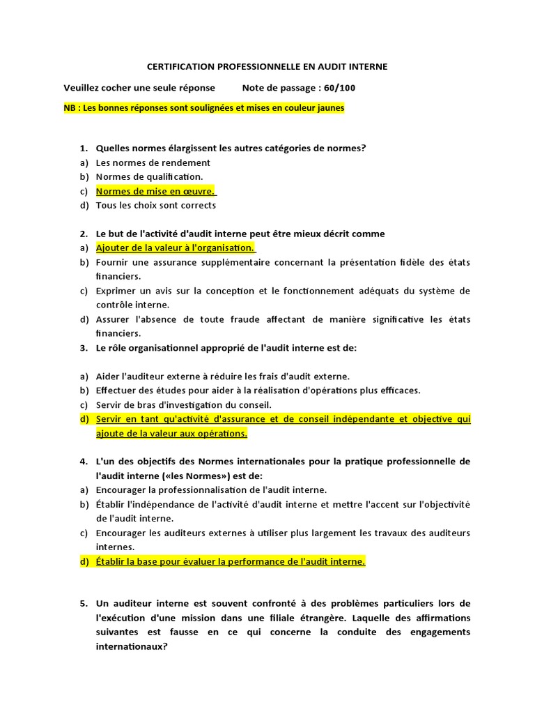 QCM Certification 2022 Correction | PDF | Audit | Risque