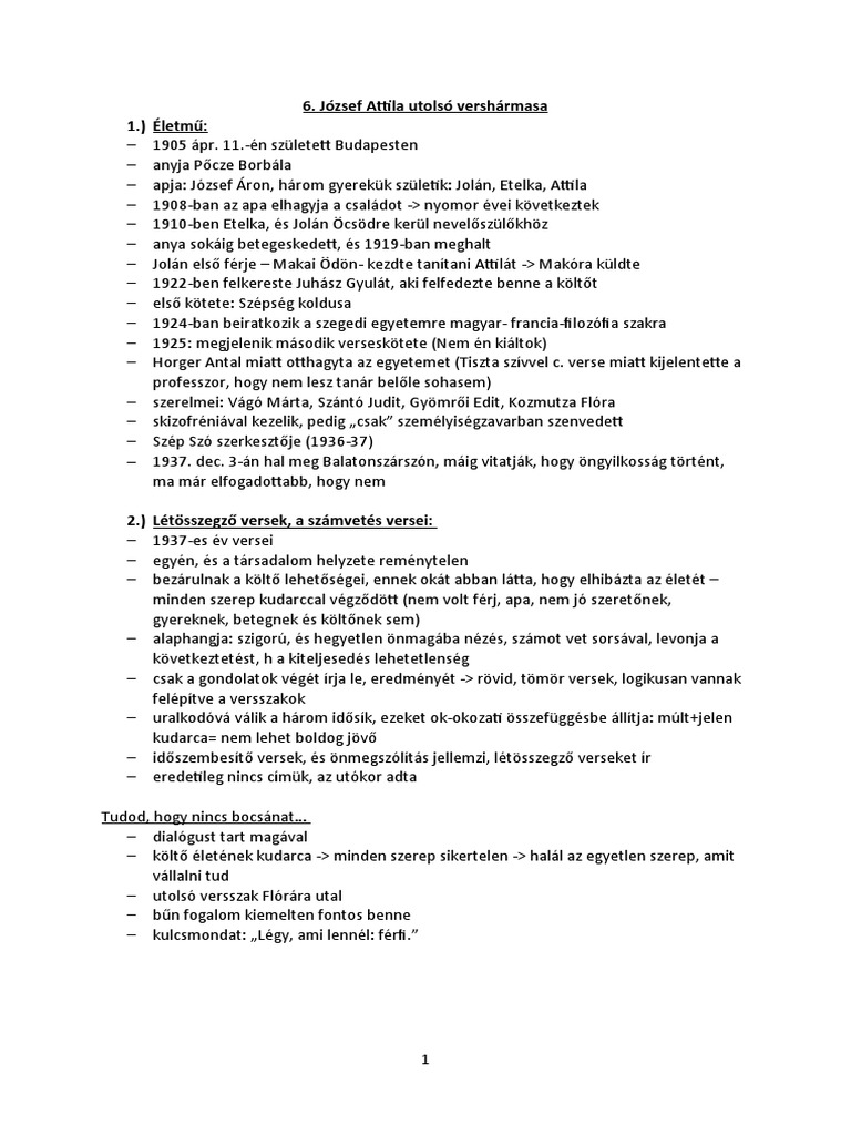 6 - József Attila Létösszegző Versei | PDF