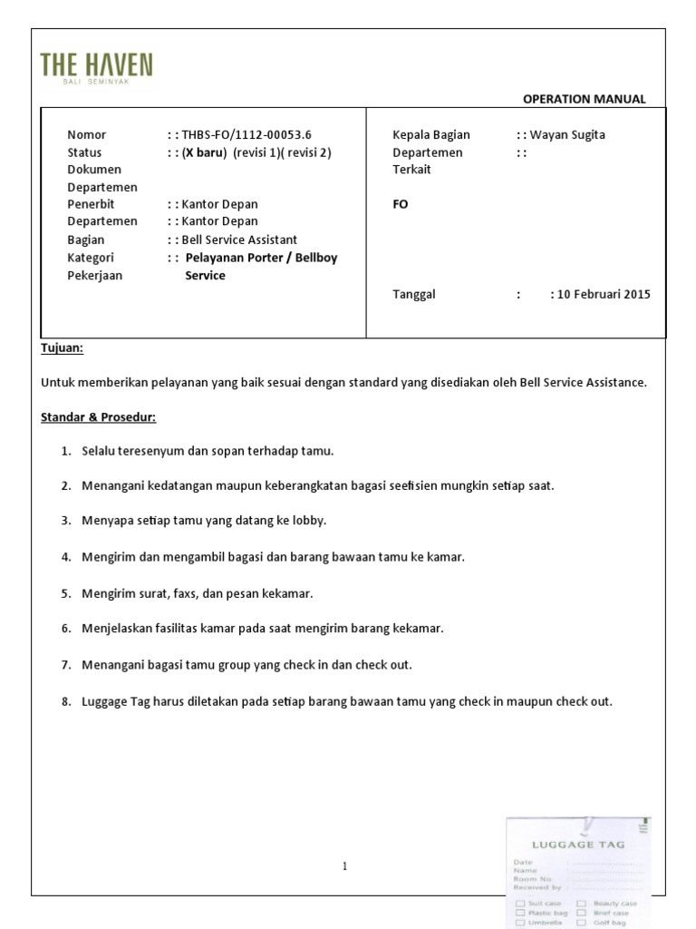 BSA 0053 Pelayanan Porter - Bellboy Service | PDF