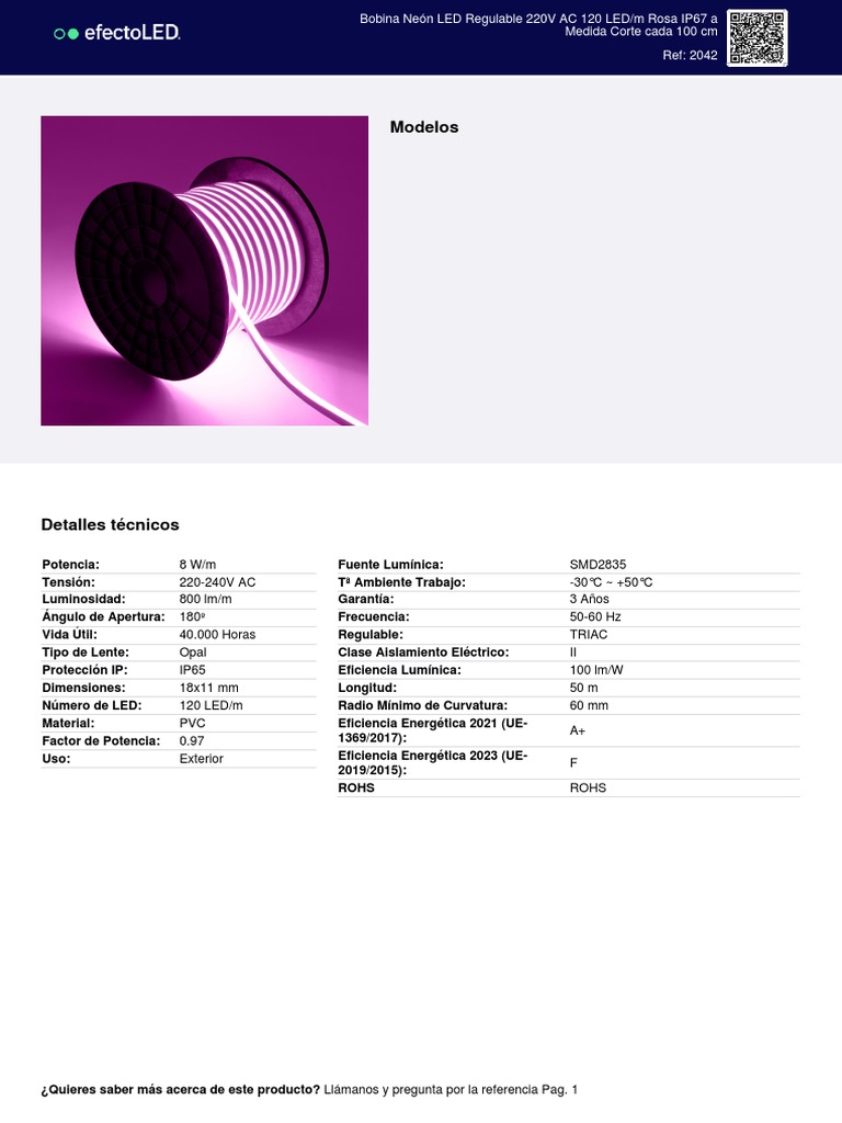 Bobina Neón LED Regulable 220V AC 120 LED - M Rosa IP67 A Medida Corte ...