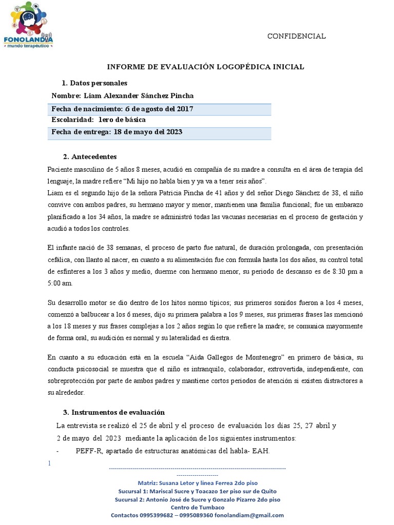 INFORME DE EVALUACIÓN LOGOPÉDICA INICIAL Liam Sanchez | PDF | Palabra ... INFORME DE EVALUACIÓN LOGOPÉDICA INICIAL Liam Sanchez | PDF | Palabra ...