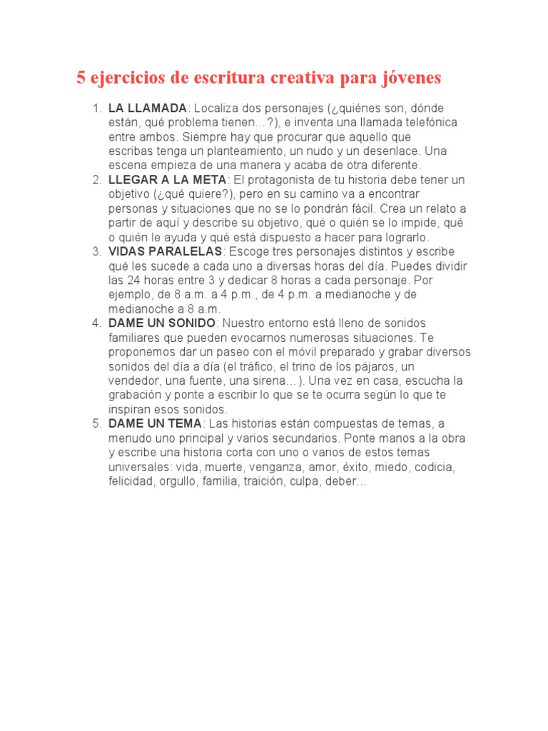 5 Ejercicios de Escritura Creativa para Jóvenes | PDF