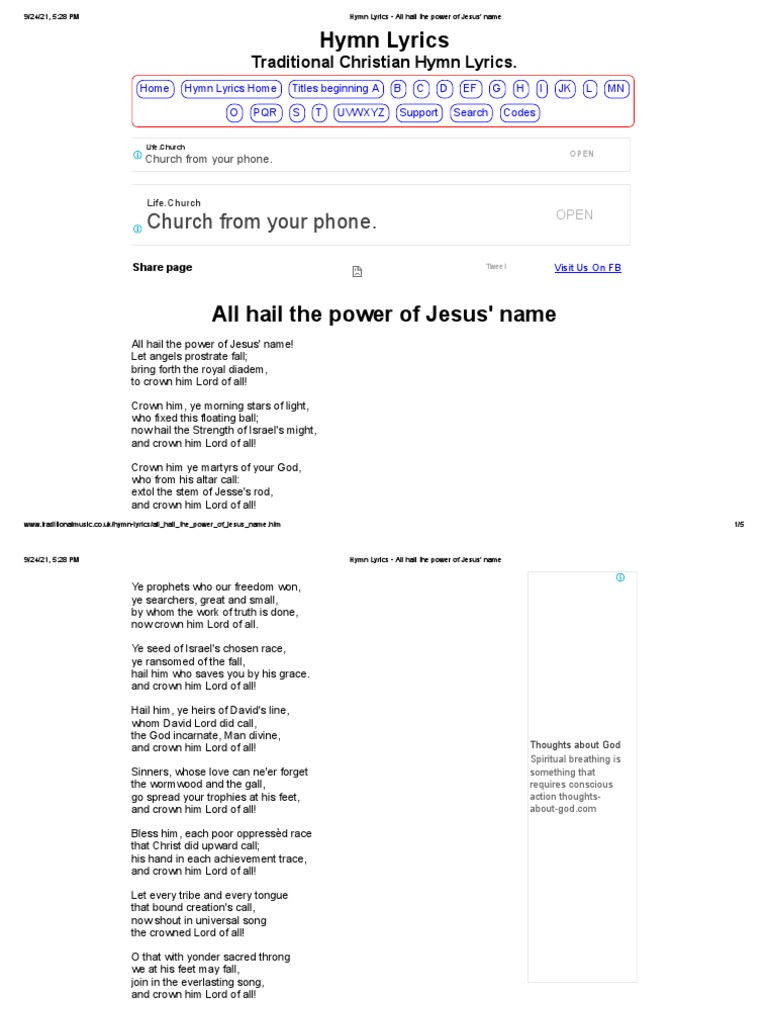 All Hail The Power of Jesus' Name | PDF | Jesus | Hymns
