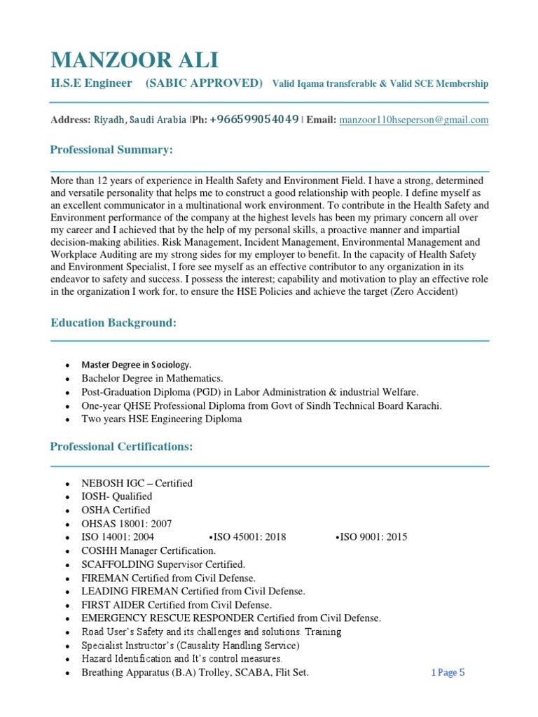 Manzoor Ali H.S.E Engineer Updated CV | PDF | Occupational Safety And Health | Safety