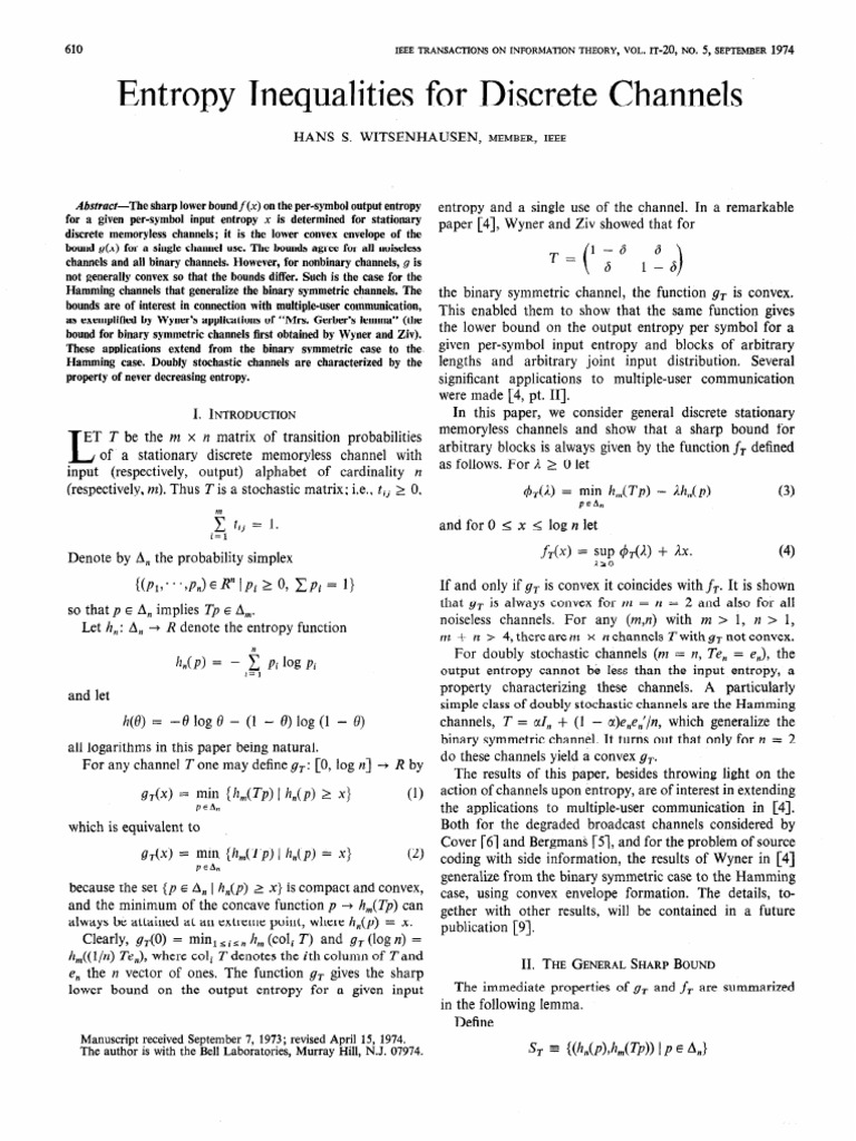 "Entropy Inequalities For Discrete Channels | PDF | Matrix (Mathematics ...