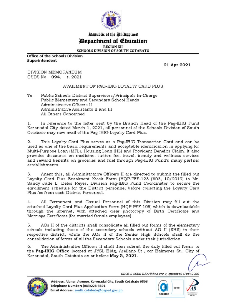 DM Osds No. 094 S. 2021 Availment of Pag Ibig Loyalty Card Plus | PDF ...