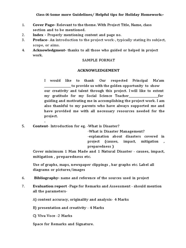 Guidelines - Class - IX Holiday - H.W - Project Work | PDF
