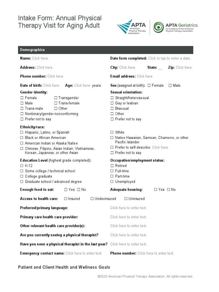 1.annual Physical Therapy Visit For Aging Adult-Intake Form | Download ...