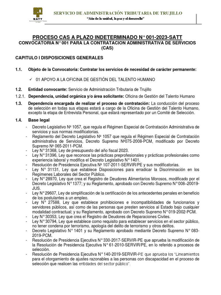 Bases Del Proceso Cas A Plazo Indeterminado N 001-2022-Satt | PDF ... Bases Del Proceso Cas A Plazo Indeterminado N 001-2022-Satt | PDF ...