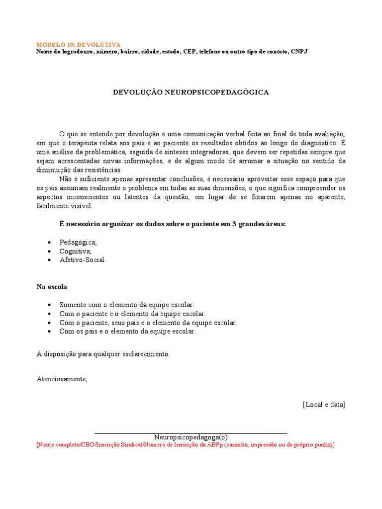Modelo de Devolutiva Neuropsicopedagógica | PDF