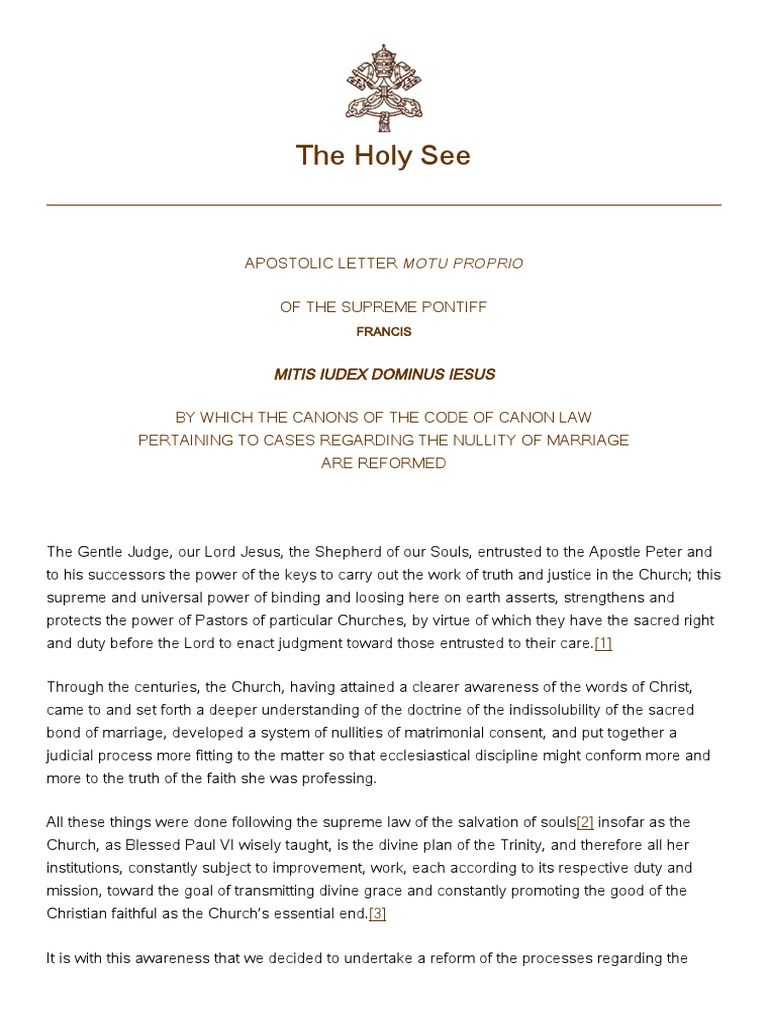Mitis Iudex Dominus Iesus | PDF | Catholic Church | Annulment