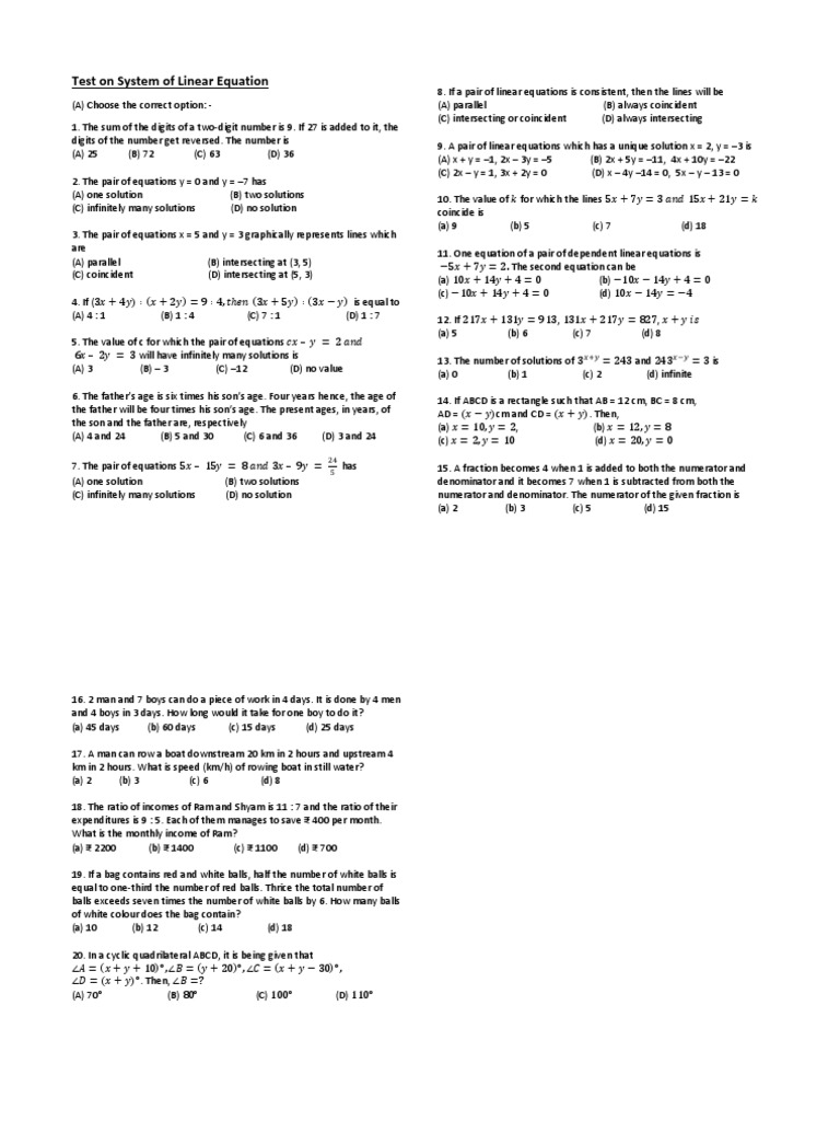 Linear Equation Test 2 | Download Free PDF | Equations | System Of ...
