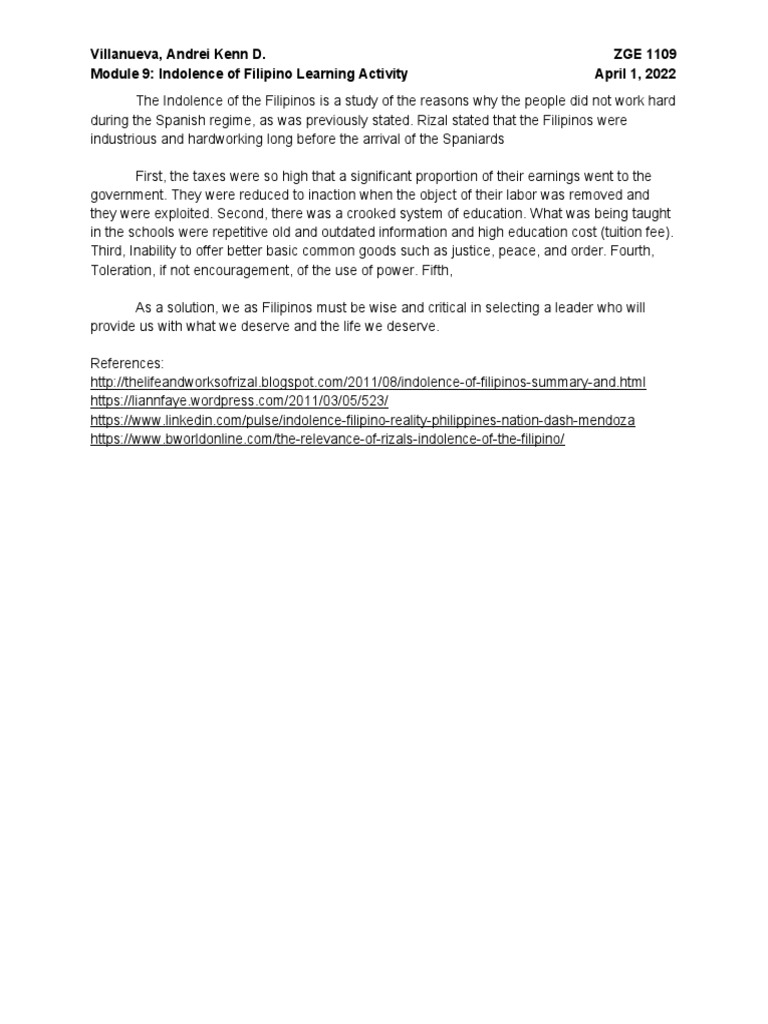 Module 9 - Indolence of Filipino Learning Activity | PDF