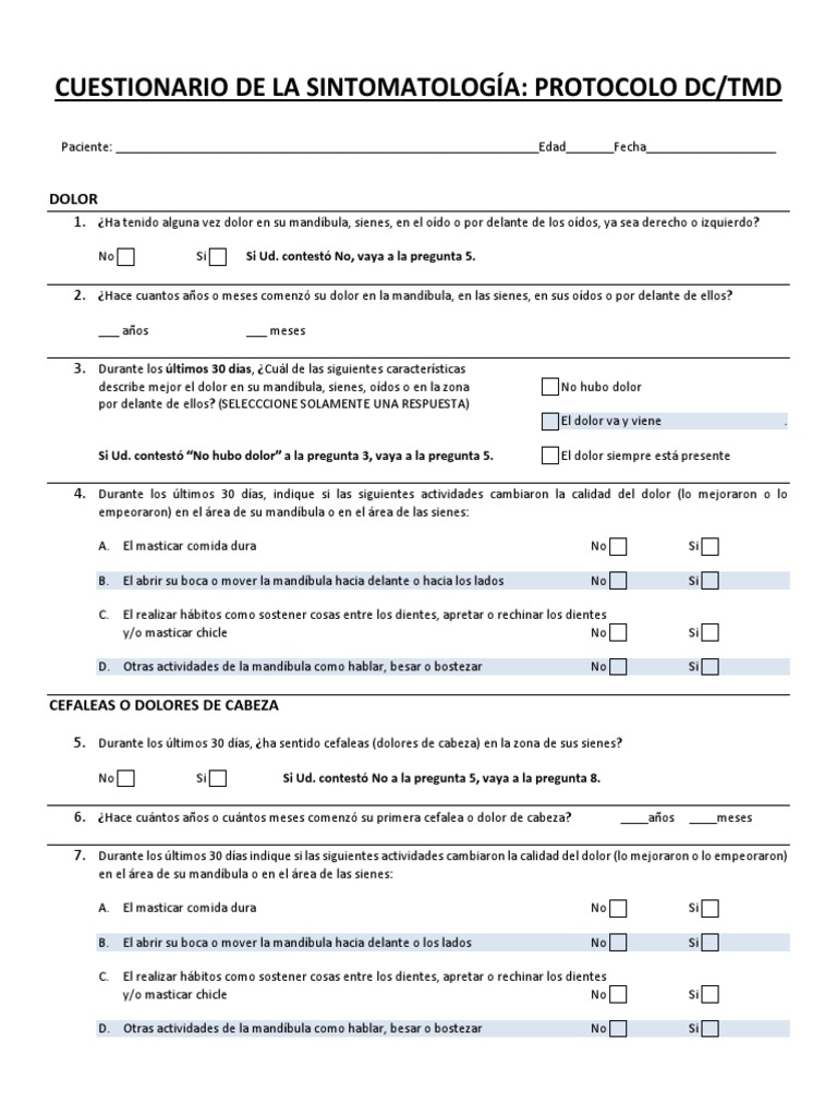 01 Cuestionario Sintomatologia DC TMD | PDF | Boca | Dolor de cabeza
