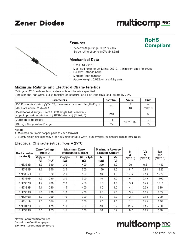 Diode Zener 1N5365B | PDF | Diode | Electrical Equipment