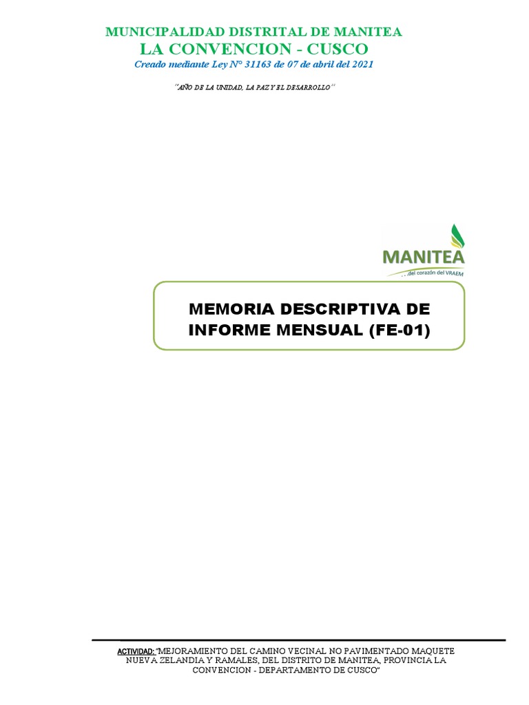 Mejoramiento Camino Vecinal Manitea | PDF | Finanzas y dinero | Viajes ...