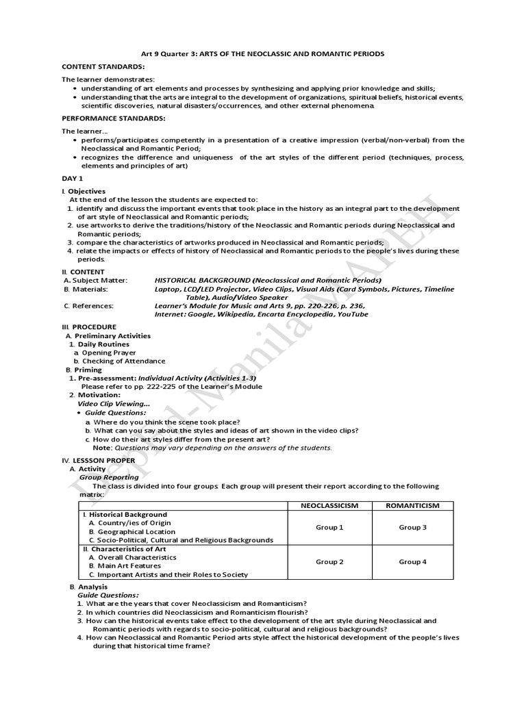 Quarter 3 Lesson Plan in Mapeh 9 (Arts) | PDF | Romanticism | Paintings