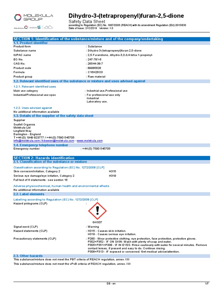 Safety Data Sheet - EN - (89985628) DIHYDRO-3 - (TETRAPROPENYL) FURAN-2 ...