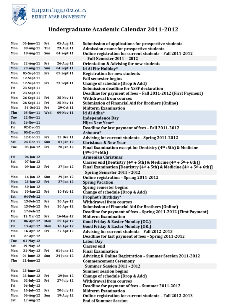 2011-2012 Academic Calendar Overview | PDF