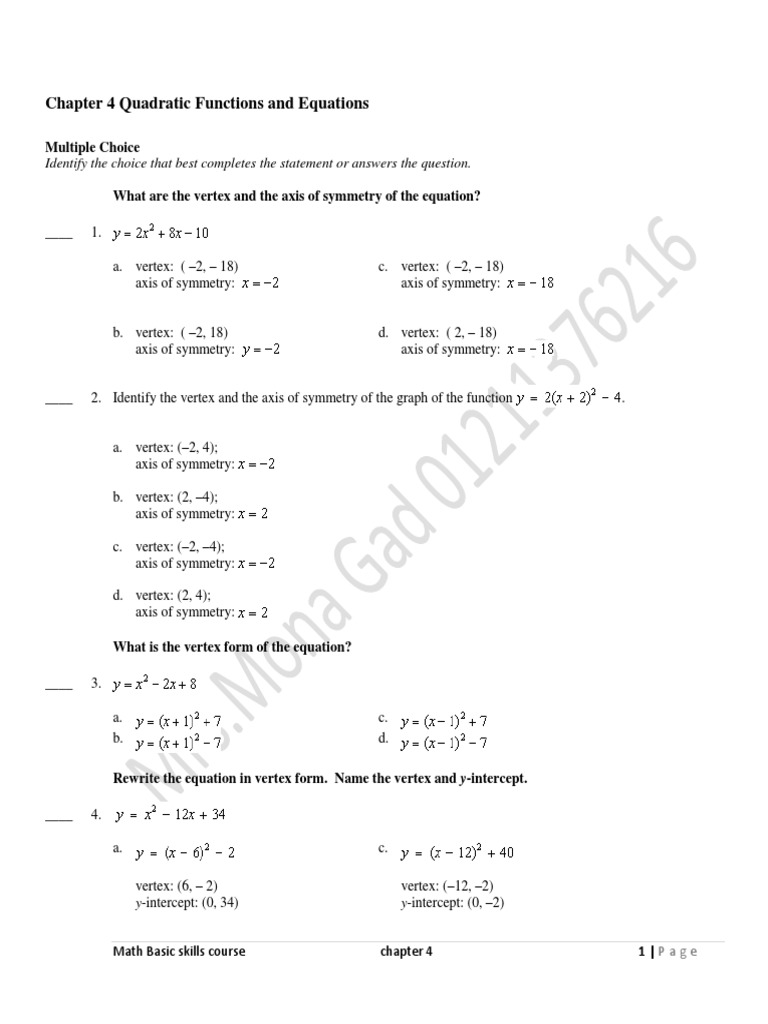 Chapter 4 Quadratic Functions and Equations | PDF | Quadratic Equation ...