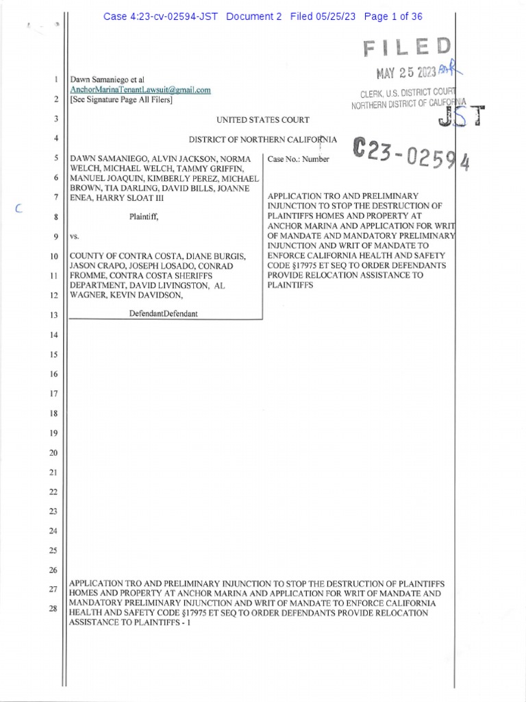 Motion For TRO Samaniego Et Al V County of Contra Costa | PDF | Injunction | Law Of The United ...