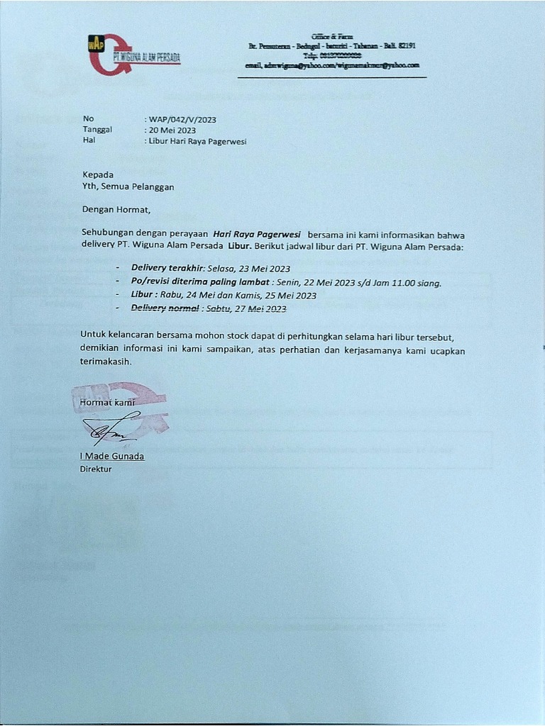 Surat Libur Hari Raya Pagerwesi | PDF