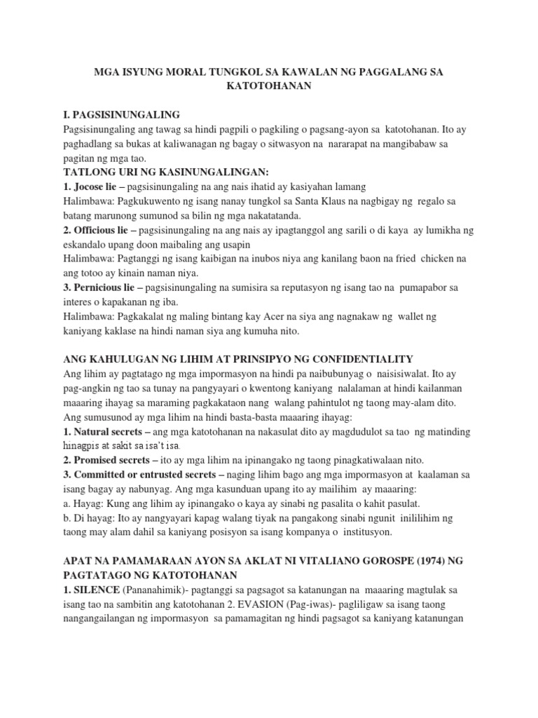 Mga Isyung Moral Tungkol Sa Kawalan NG Paggalang Sa Katotohanan | PDF