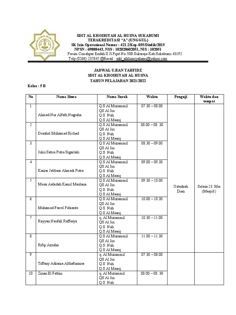 Jadwal Ujian Tahfidz SDIT Al Khoiriyah | PDF