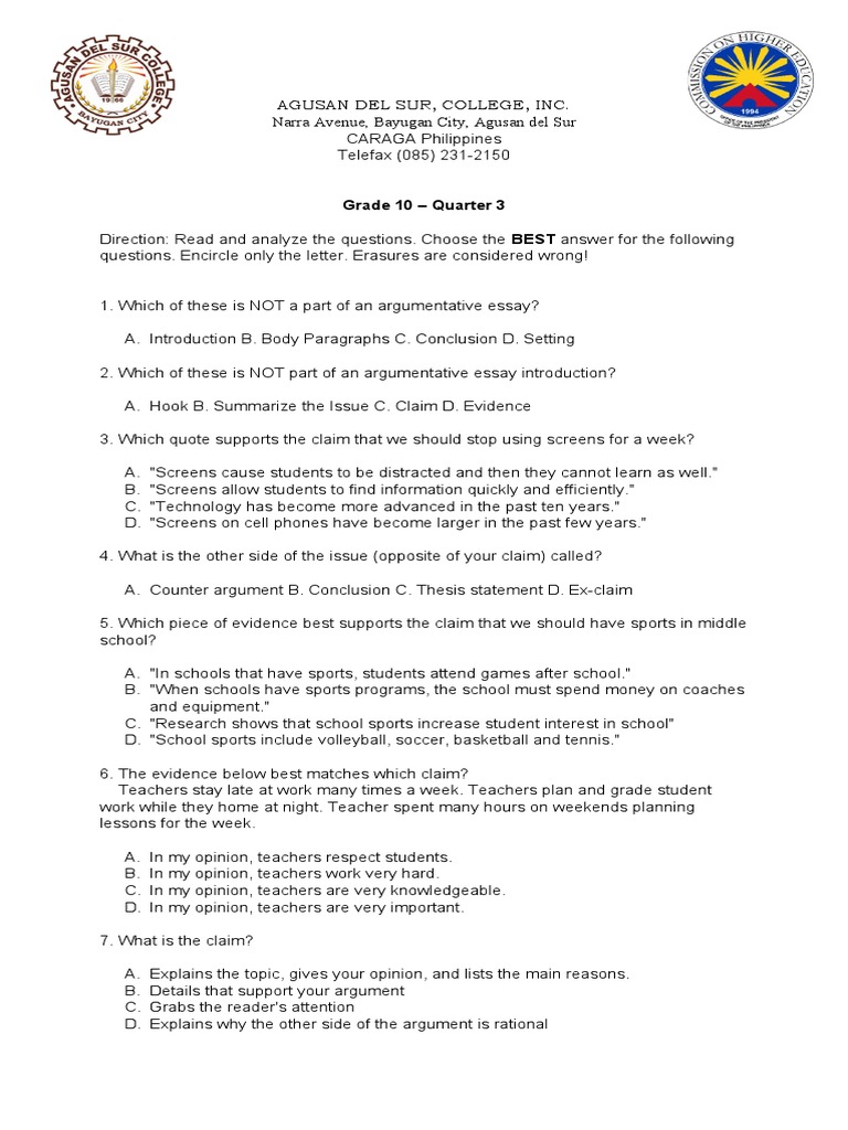 (Final) Test Questionnaire Grade 10 Quarter 3 | PDF | Essays | Argument