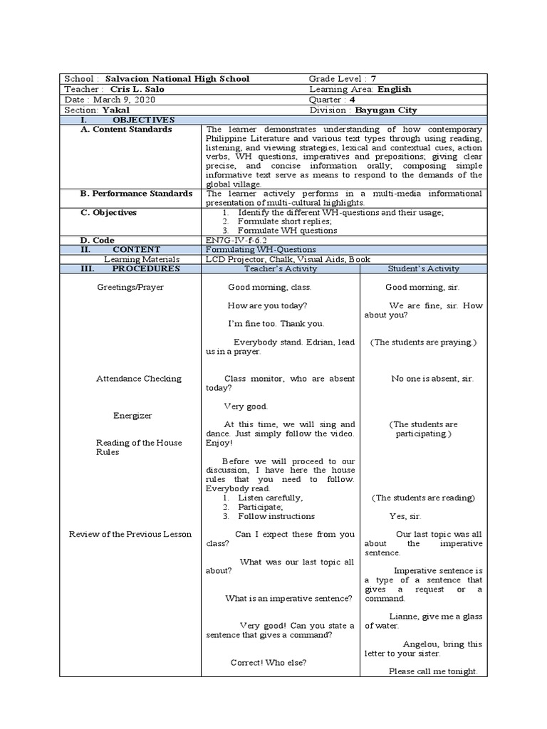 Detailed Lesson Plan Quarter 4 | PDF | Question | Verb