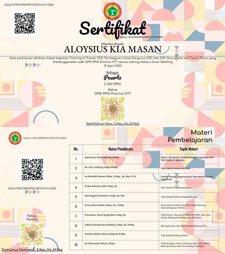 Sertifikat Ppni Aloysius Kia Masan | PDF