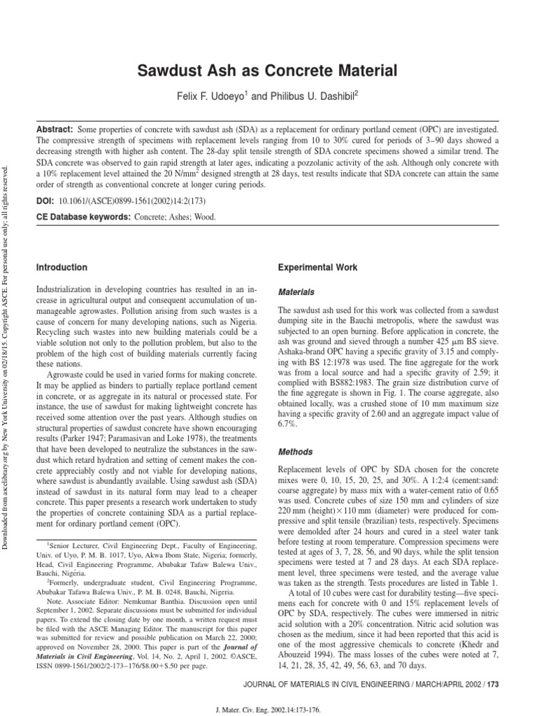 Sawdust Ash As Concrete Material: Felix F. Udoeyo and Philibus U ...